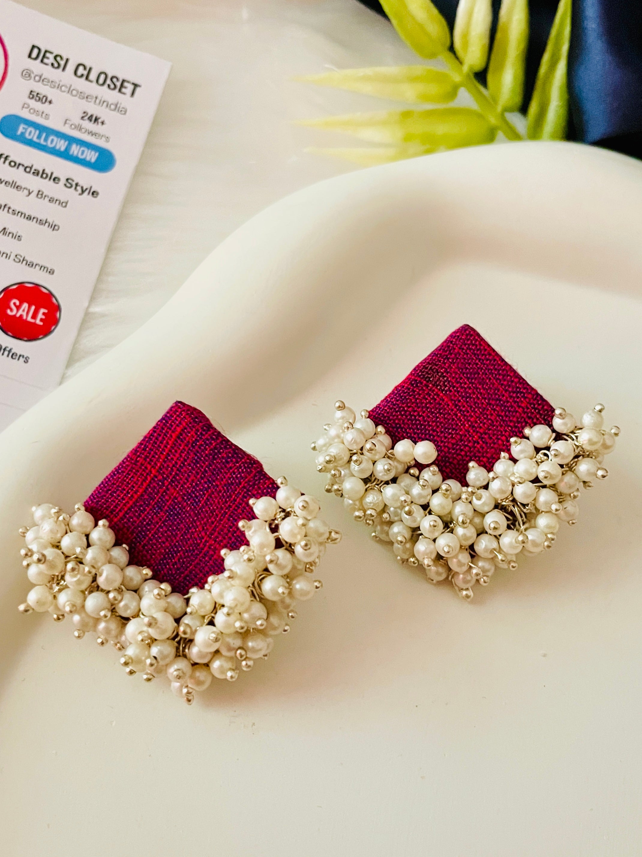 Fabric Pink Diamond Studs with Mogra – Desi Closet